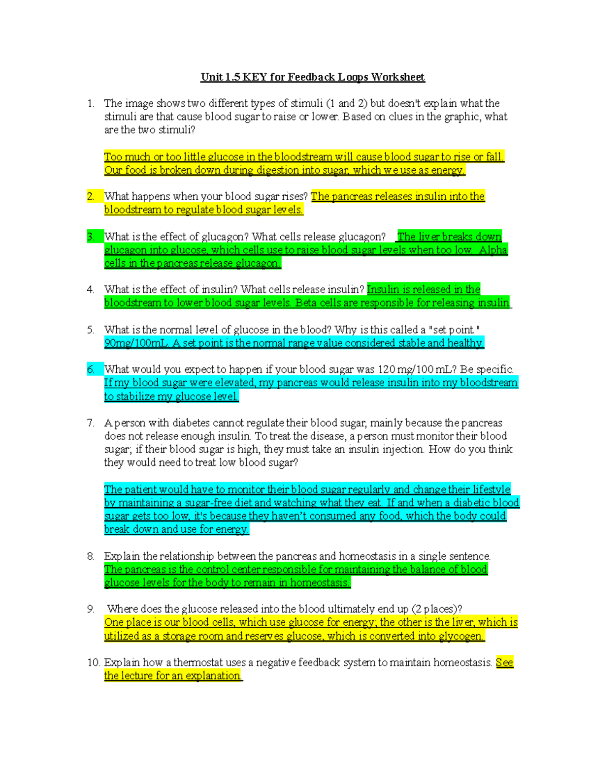 Negative+Feedback+Loop+Activity+Worksheet+KEY - Unit 1 KEY for Feedback ...
