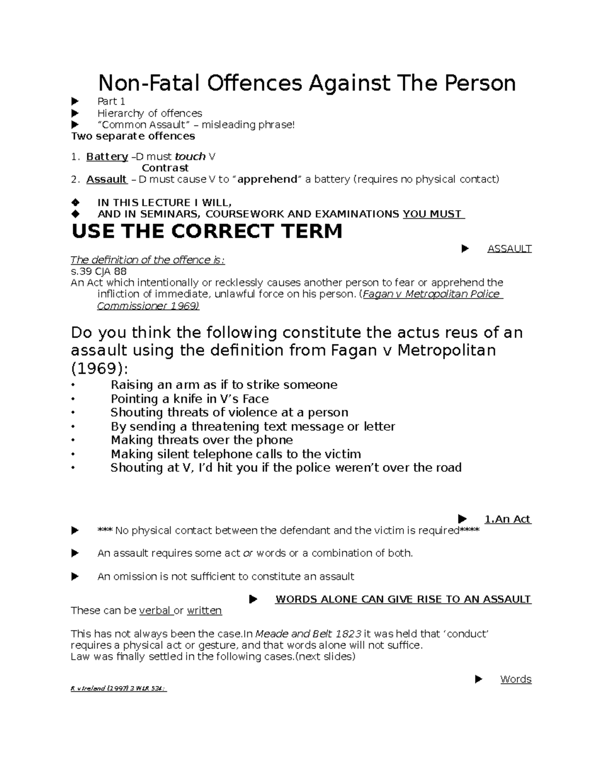 Non-Fatal Offences Lecture Notes: Part 1 Overview and Analysis - Studocu
