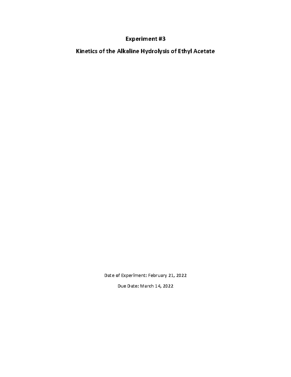 Kinetics of Alkaline Hydrolysis: Experiment #3 - CHEM 235 - Studocu