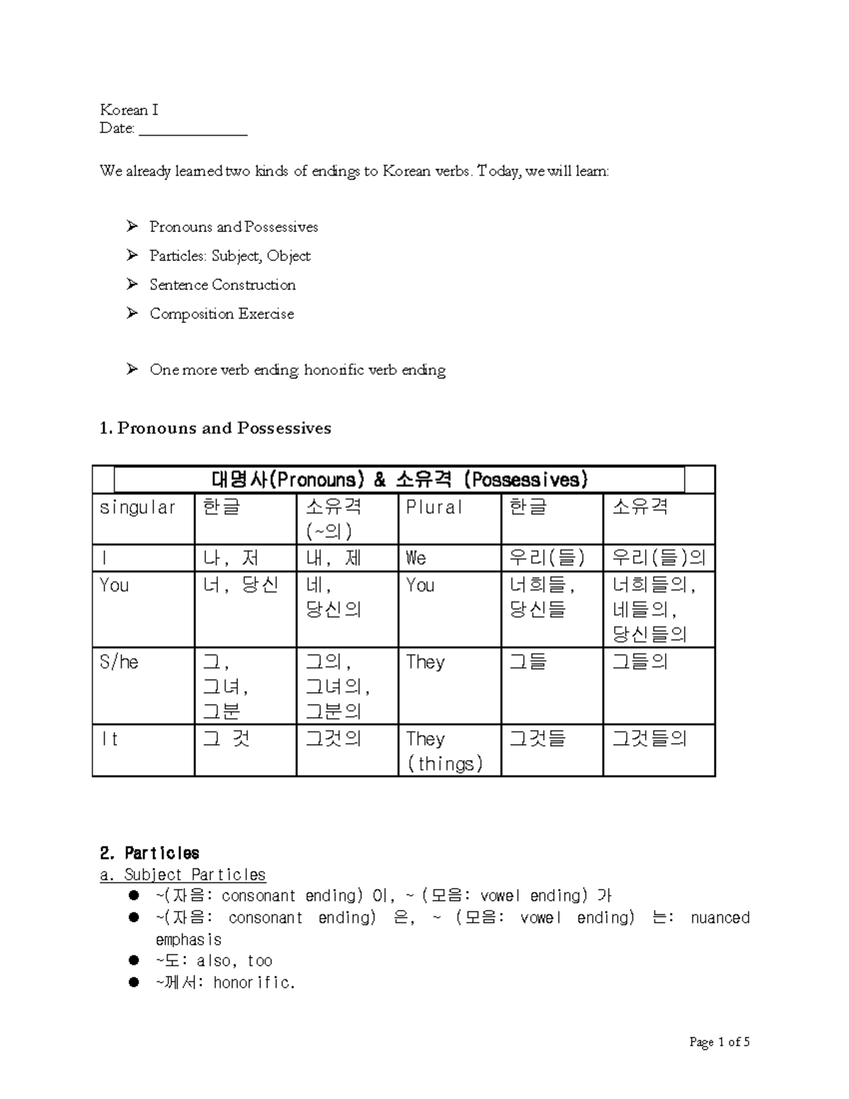 Korean I: Lesson on Pronouns, Particles, & Sentence Structure - Studocu