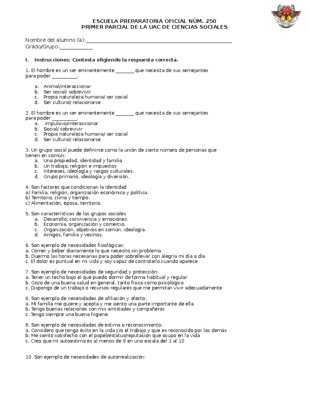 1ER PARCIAL DE CIENCIAS SOCIALES I - EXAMEN DE RESPUESTAS MÚLTIPLES - Studocu