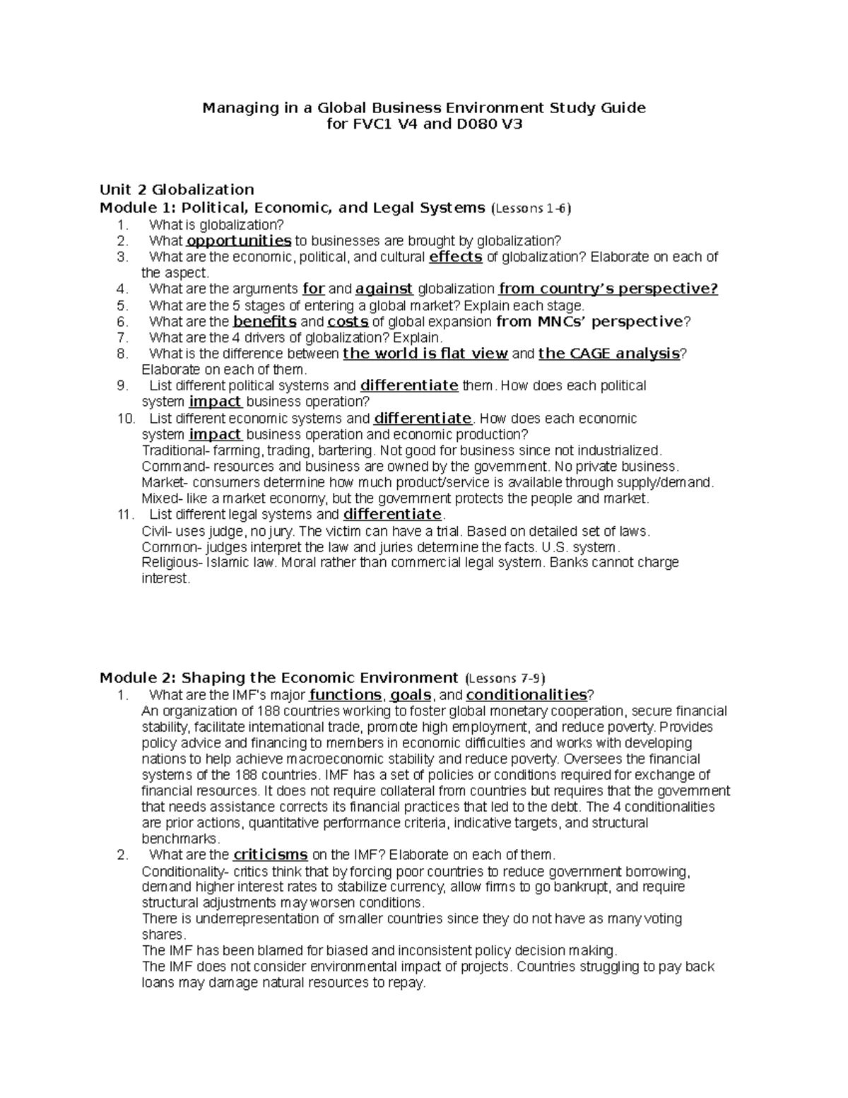 D080 Managing in a Global Business Environment Study Guide for FVC1 V4 ...