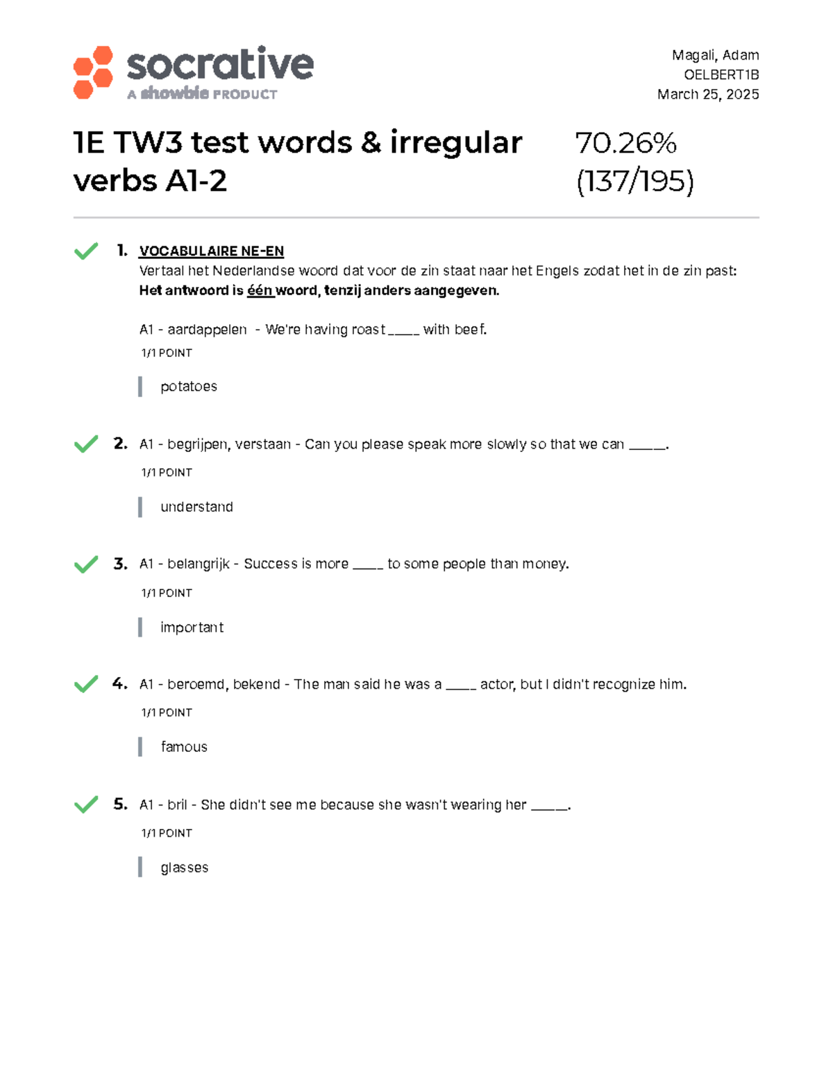 1E TW3 Test: Vocabulary & Irregular Verbs A1-A2 - Studeersnel