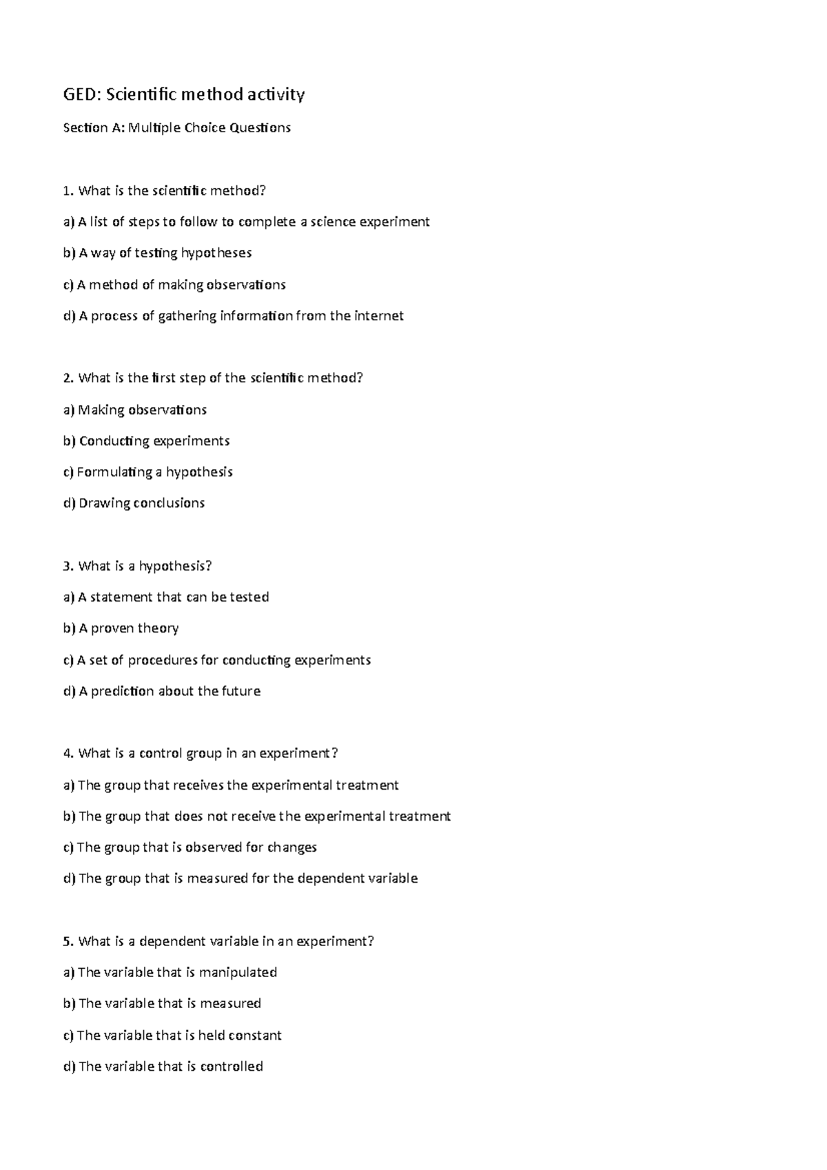 GED: Scientific Method Activity & Experiment Design Guide - Studocu