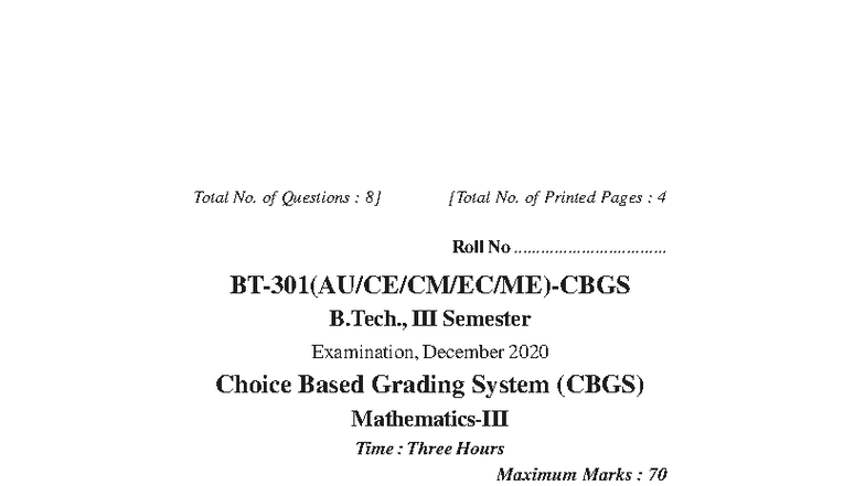 B.Tech 3rd Sem Mathematics Exam Questions - Dec 2020 - Studocu