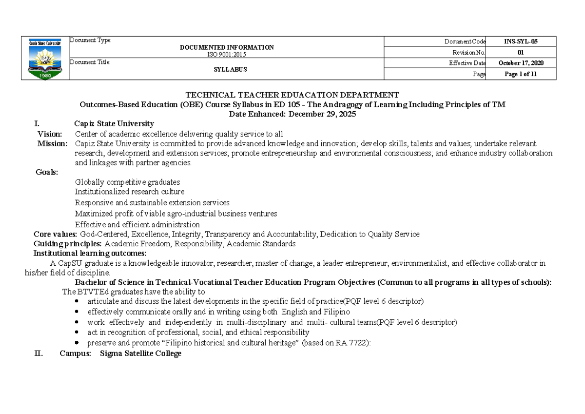 ED 105 Andragogy of Learning: ISO 9001:2015 Syllabus Overview - Studocu
