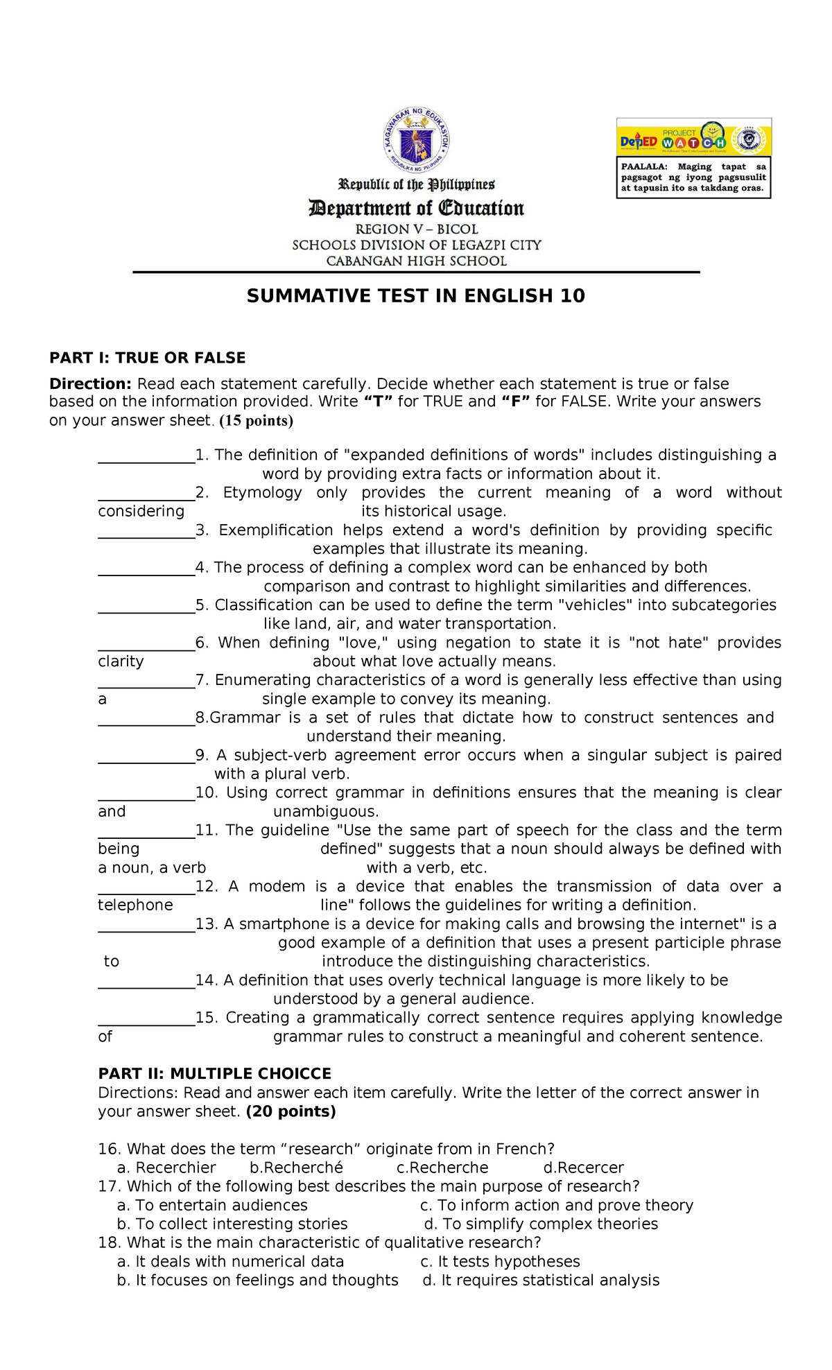 Summative Test G10: English Exam Overview and Questions - Studocu