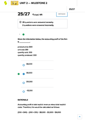 Sophia microeconomics unit 2 milestone - 1 27 / 27! that's 100% RETAKE " 27 questions were - Studocu