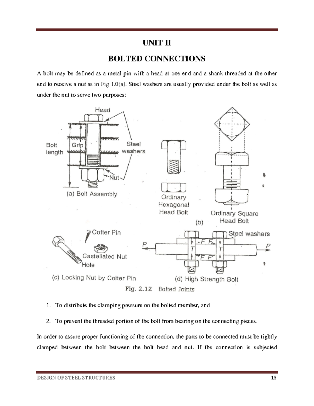 NOTE 1-14 Steel - UNIT II BOLTED CONNECTIONS A bolt may be defined as a ...