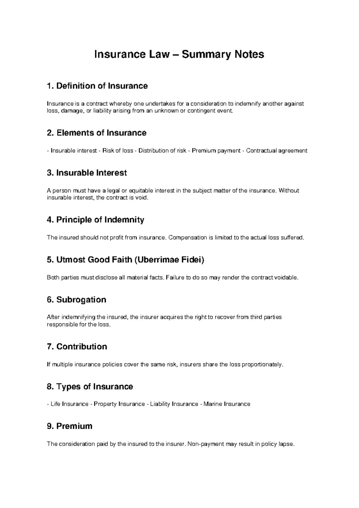 Insurance Law Summary Notes: Key Concepts and Principles - Studocu