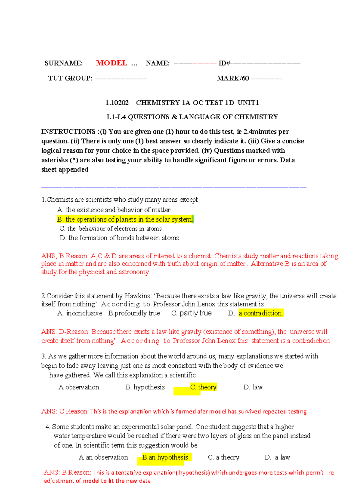 Model Solution for CHEM 1A OC Test 1D: Unit 1 Questions - Studocu