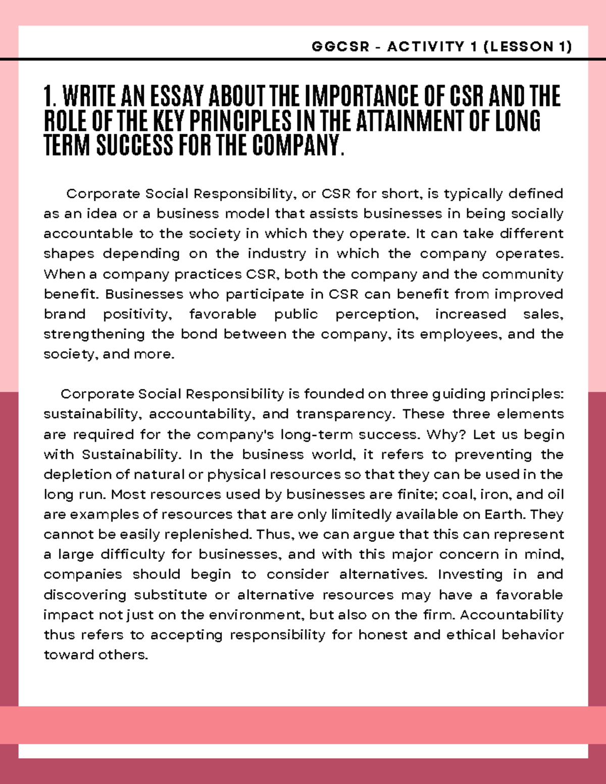 GGCSR - Essay on Importance of CSR & Key Principles for Success - Studocu