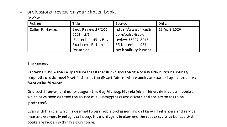 ENG 101: Book Review of Fahrenheit 451 by Ray Bradbury - Studeersnel