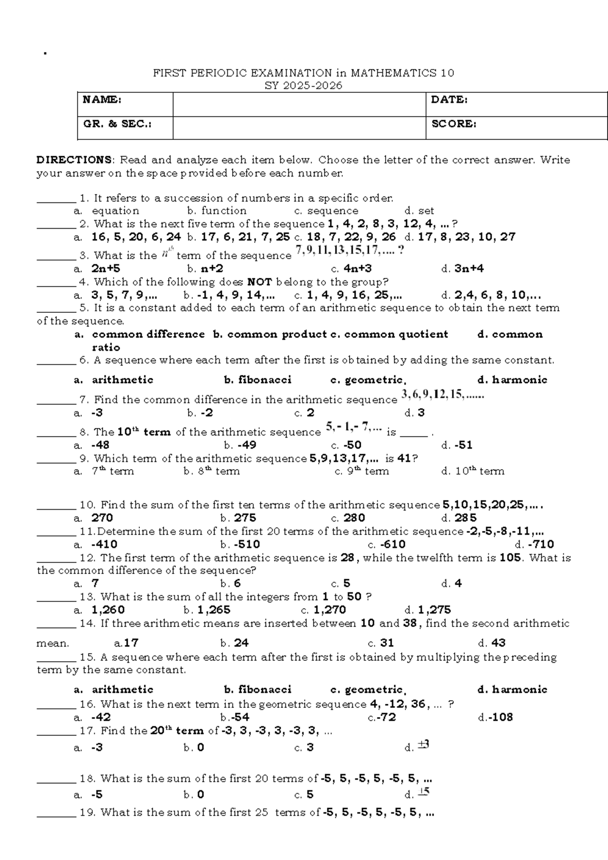 Periodic Test in Mathematics 10: First Examination Review - Studocu