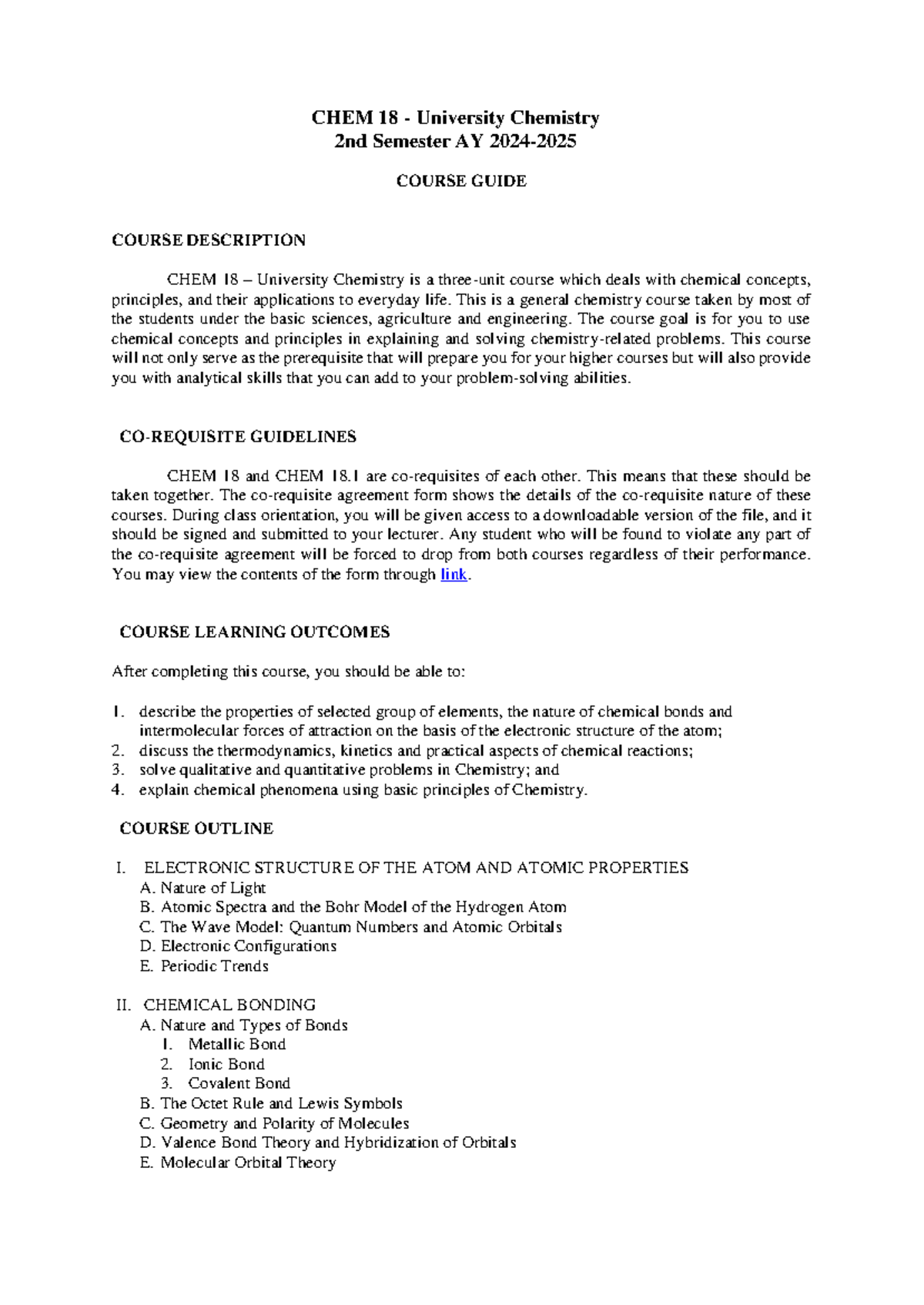 CHEM 18 Course Guide: University Chemistry 2nd Sem AY 2023 - Studocu
