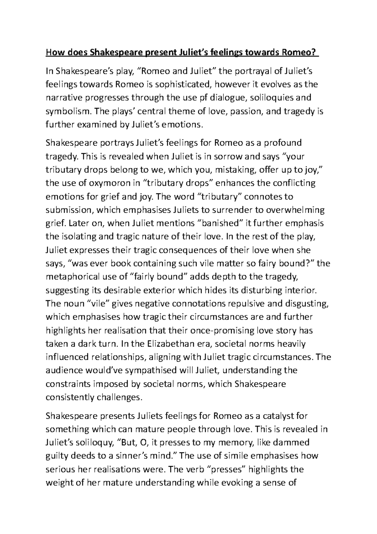 Shakespeare's Presentation of Juliet's Emotions for Romeo - Studocu