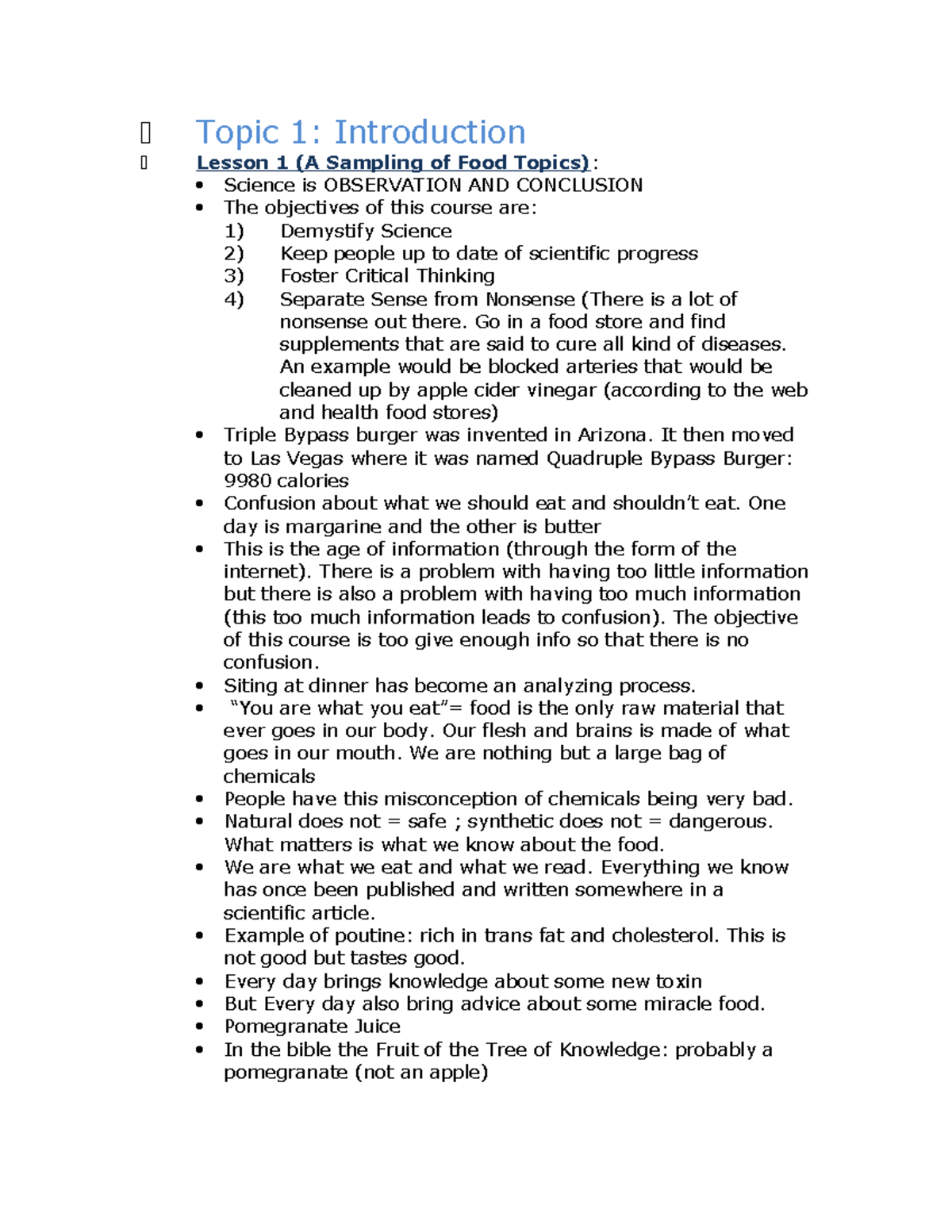 Topic 1 (Lesson 1) - Topic 1: Introduction Lesson 1 (A Sampling of Food ...
