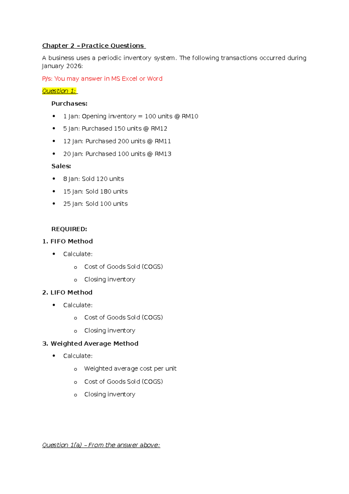 Practice Questions - Chapter 2: Inventory Valuation Methods - Studocu