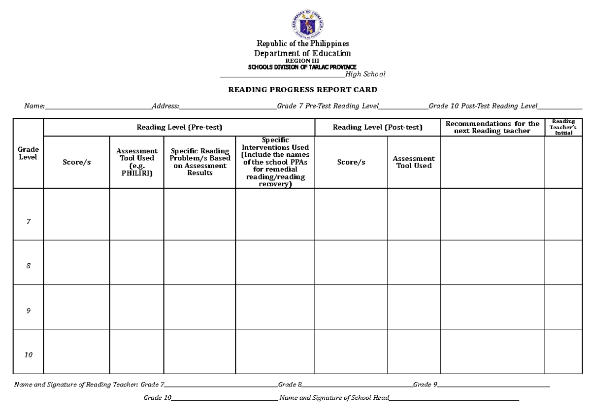 Reading Progress Report CARD - Department of Education REGION III ...