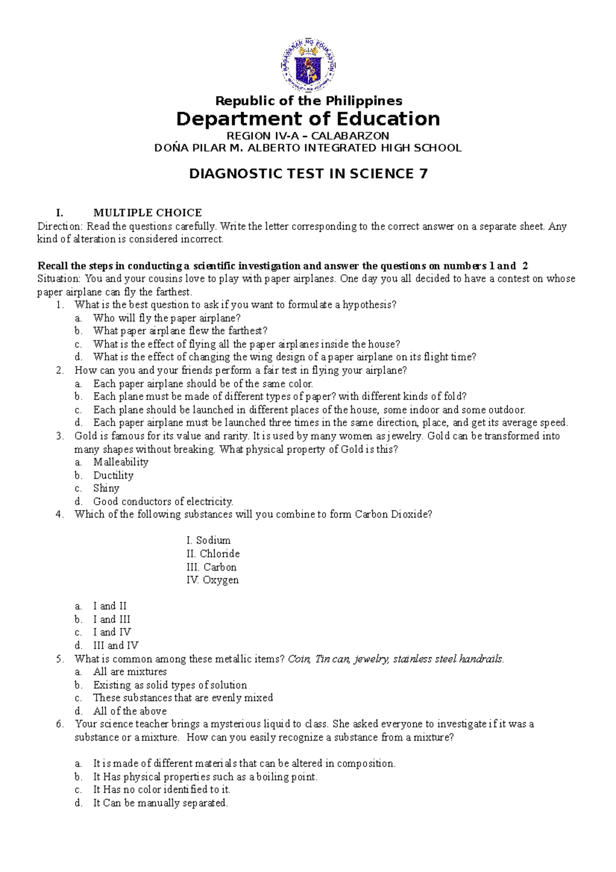 Grade 7 Science Diagnostic Test (DTEST) - Questions & Answers - Studocu