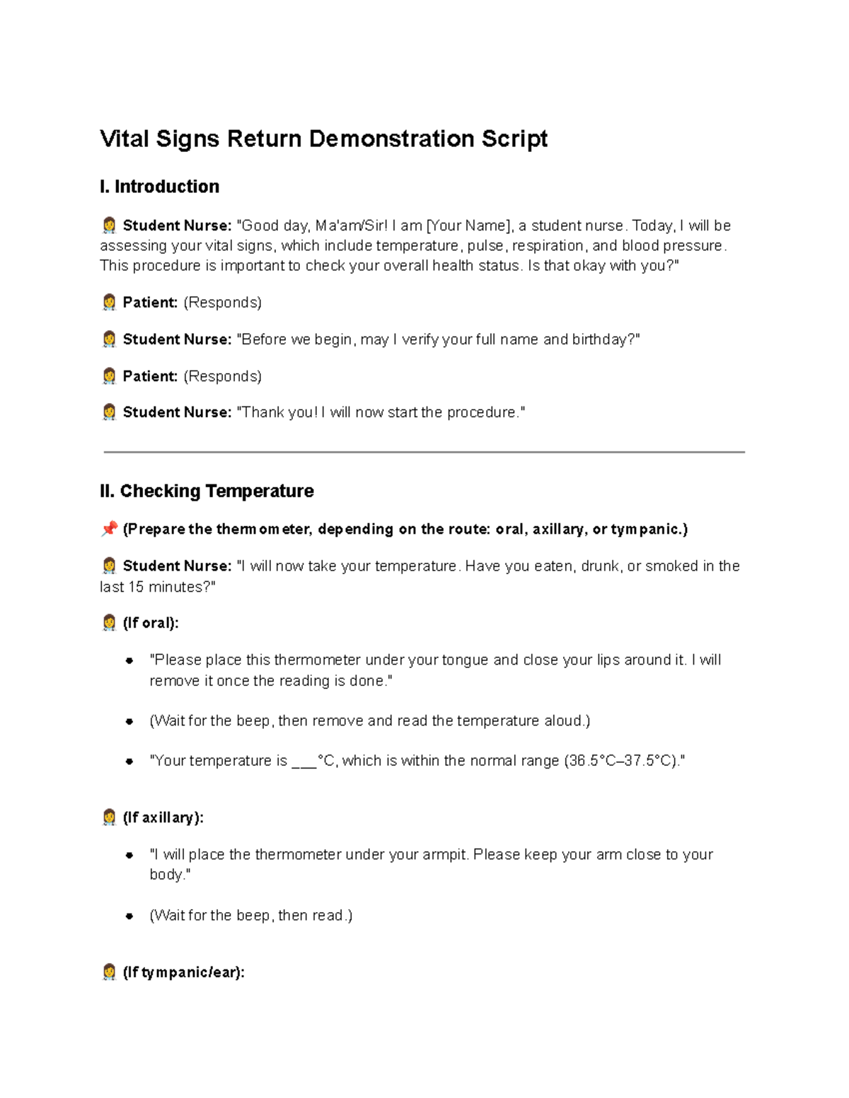 Vital Signs Return Demo Script for Nursing Students - Studocu