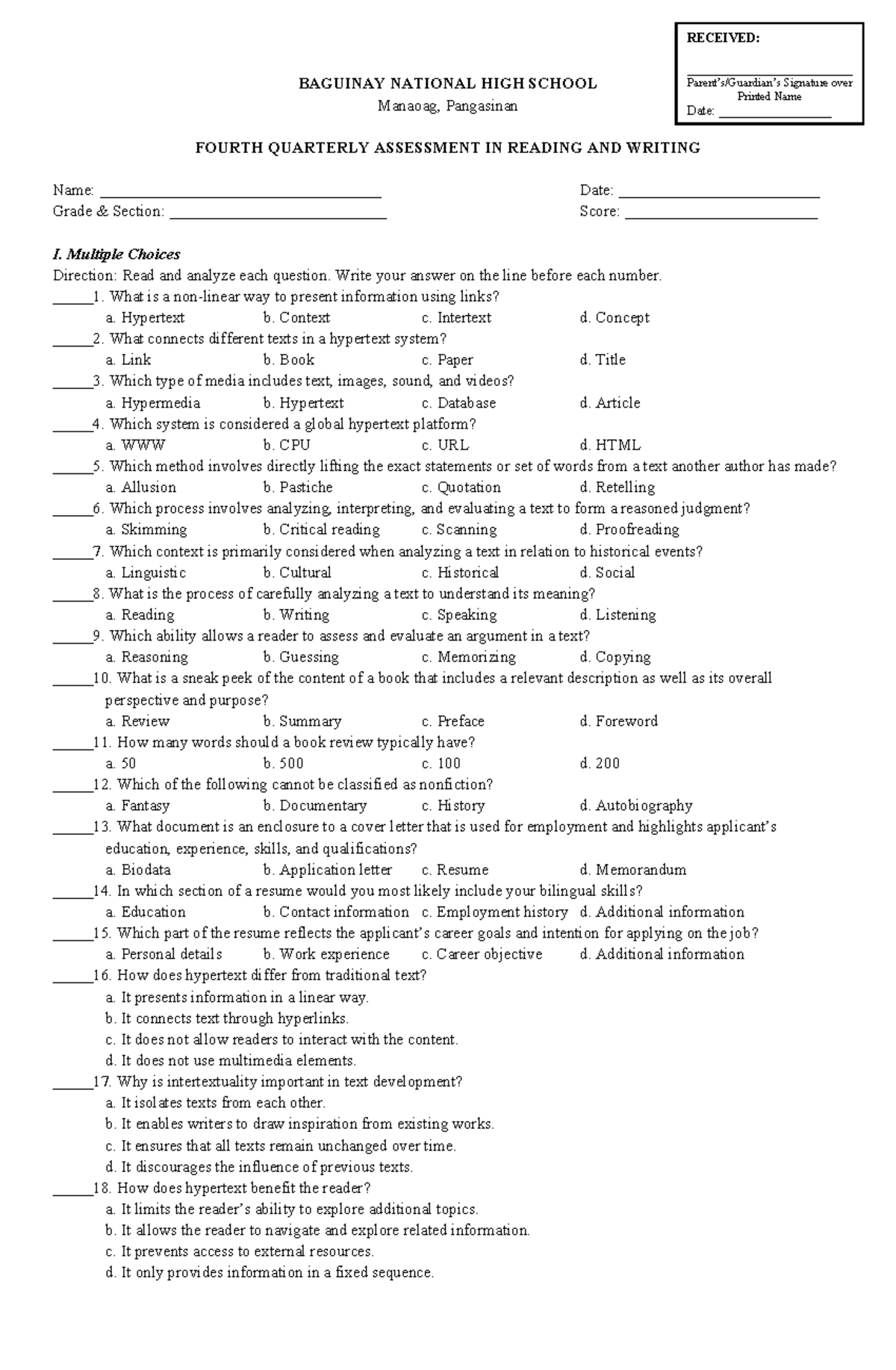 Reading and Writing 4th Quarter Assessment: Exam Questions and Essay ...