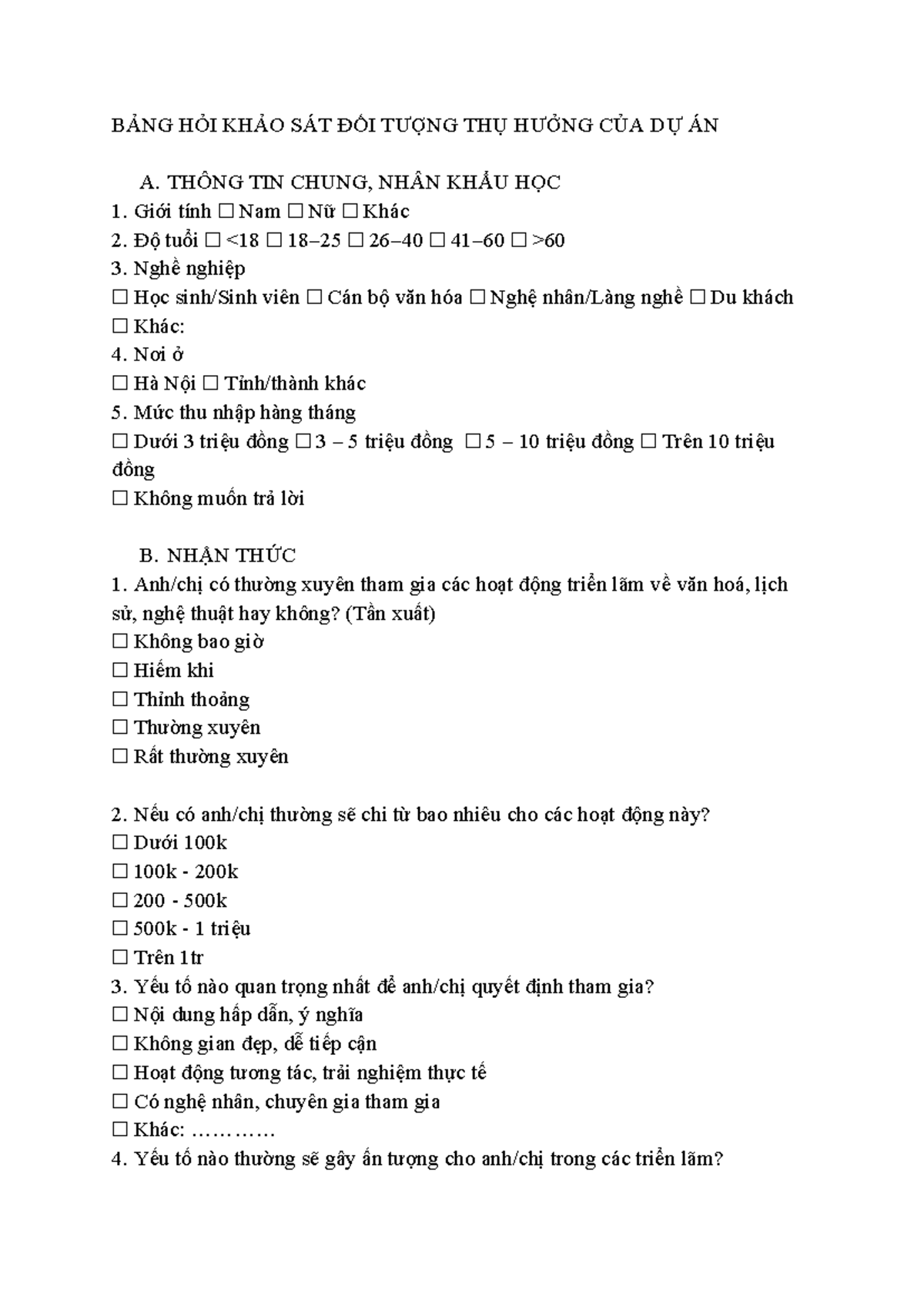Bảng Hỏi Khảo Sát Đối Tượng Dự Án A: Thông Tin & Nhận Thức - Studocu