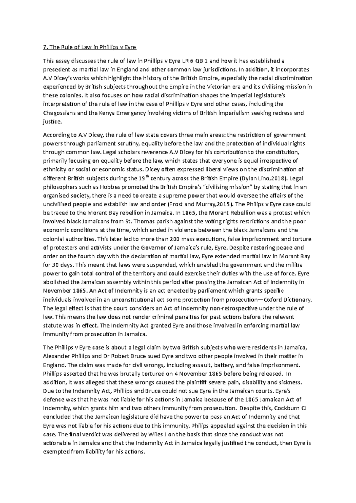 The Rule of Law in Phillips v Eyre: An Analysis of Precedents and ...