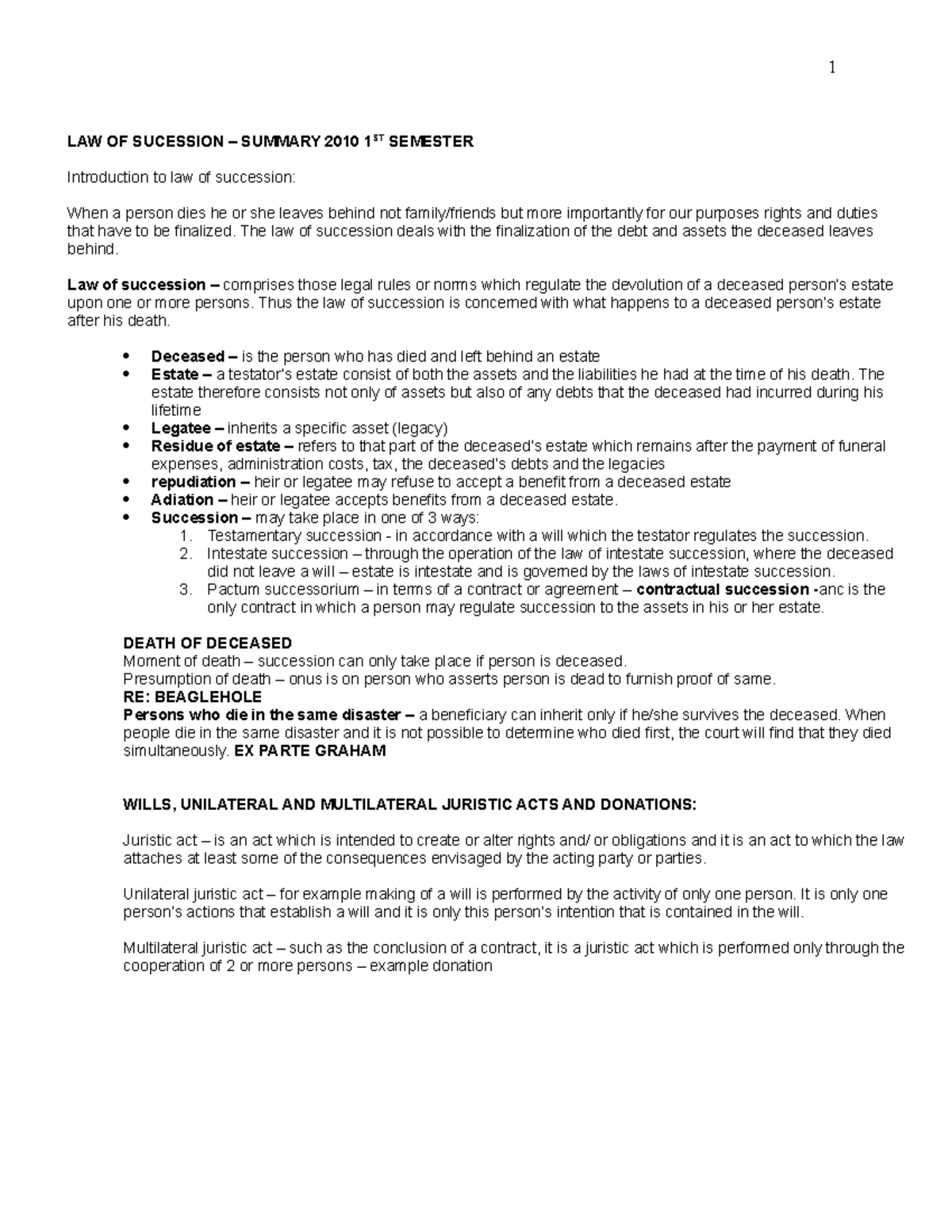 LAW 101: Law of Succession Summary for 1st Semester 2010 Exam - Studocu