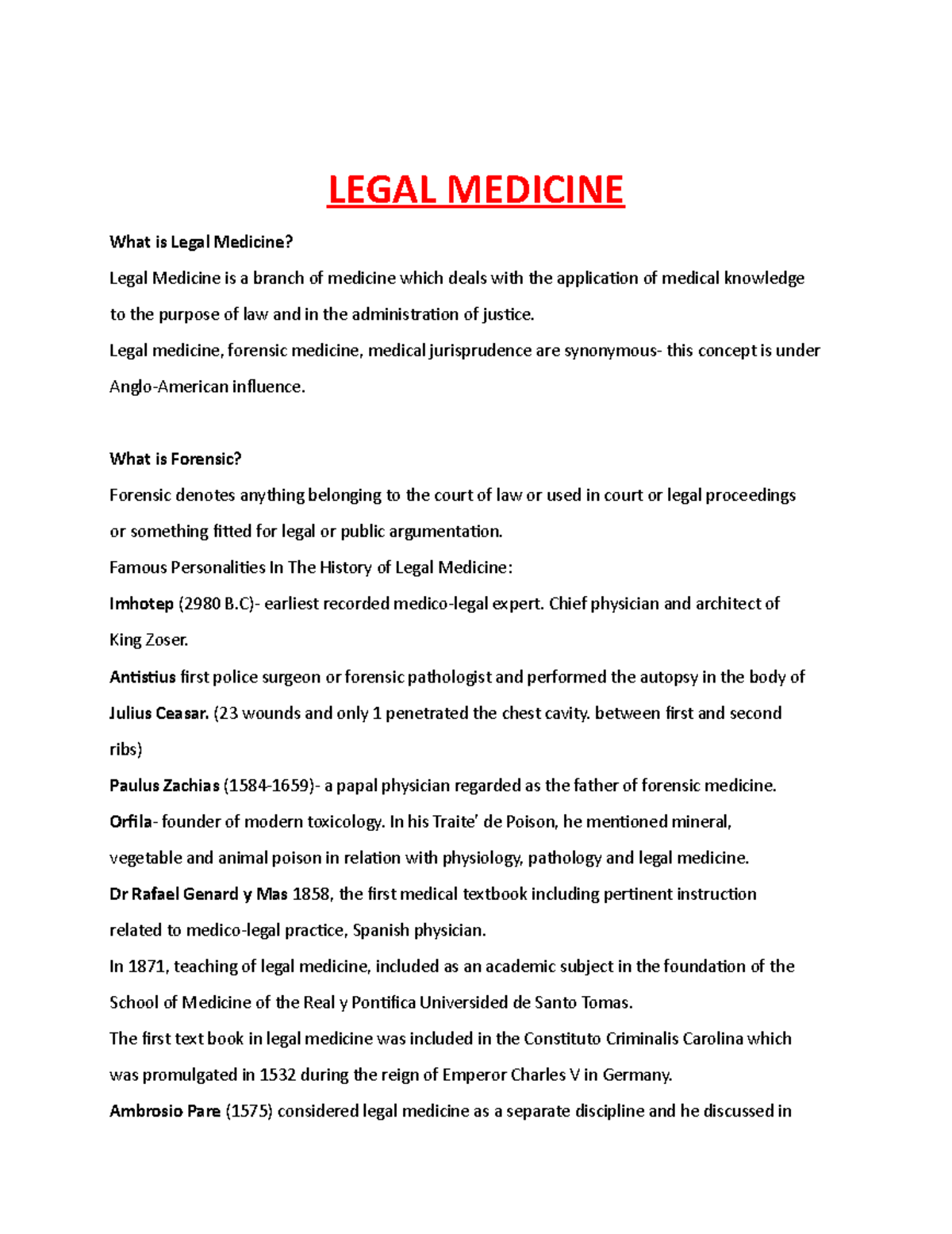 Legal Medicine Overview: Key Concepts and Historical Figures - Studocu