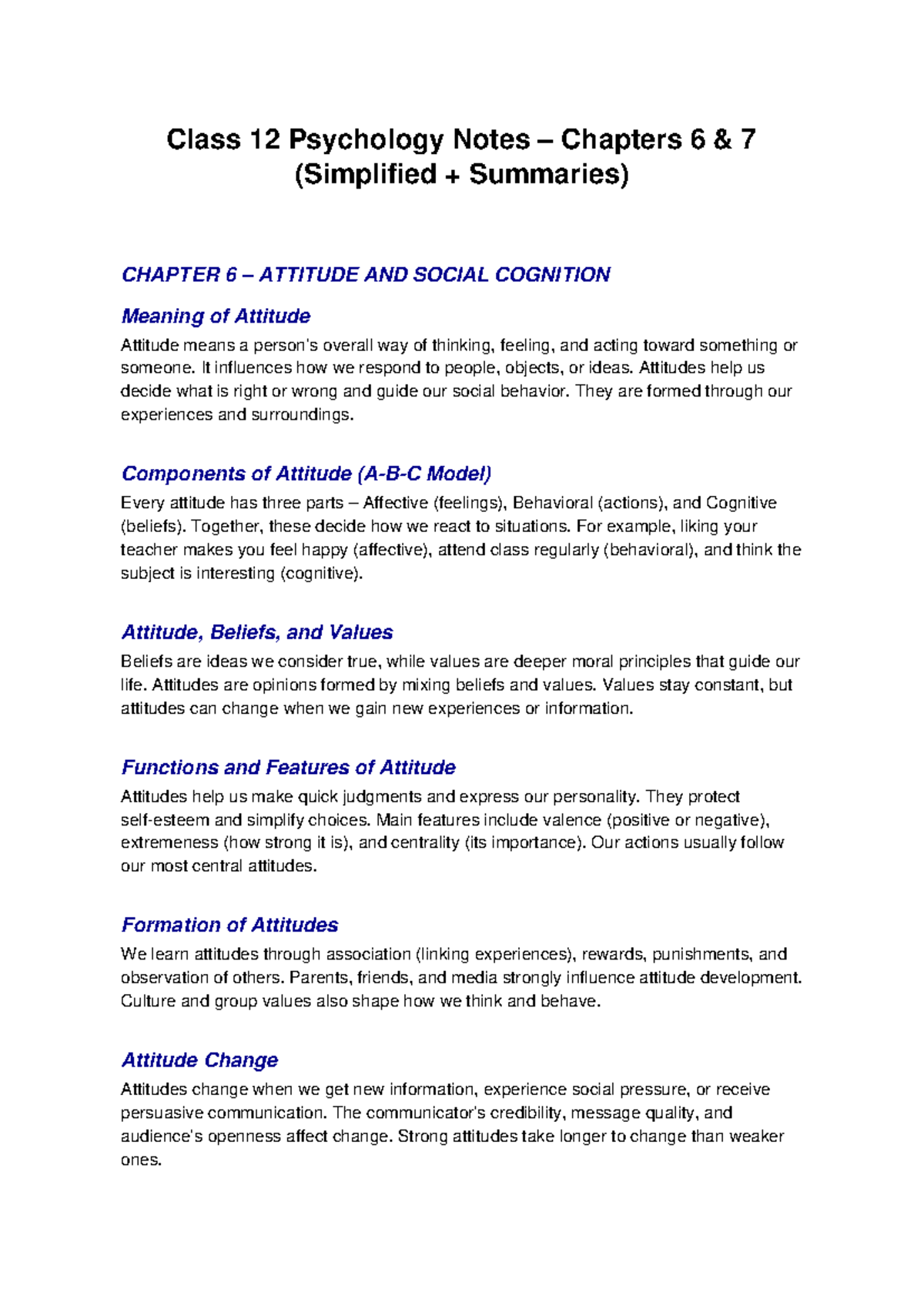Class 12 Psychology Final Notes: Chapters 6 & 7 Summaries - Studocu