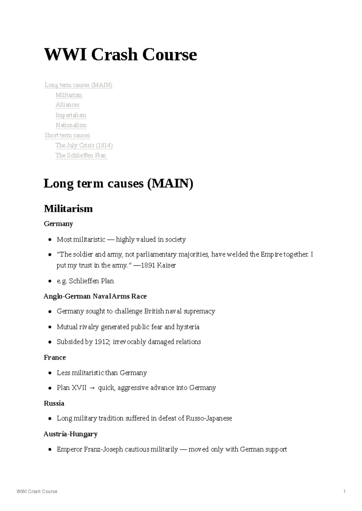 WWI Crash Course: Long & Short Term Causes of the Conflict - Studocu