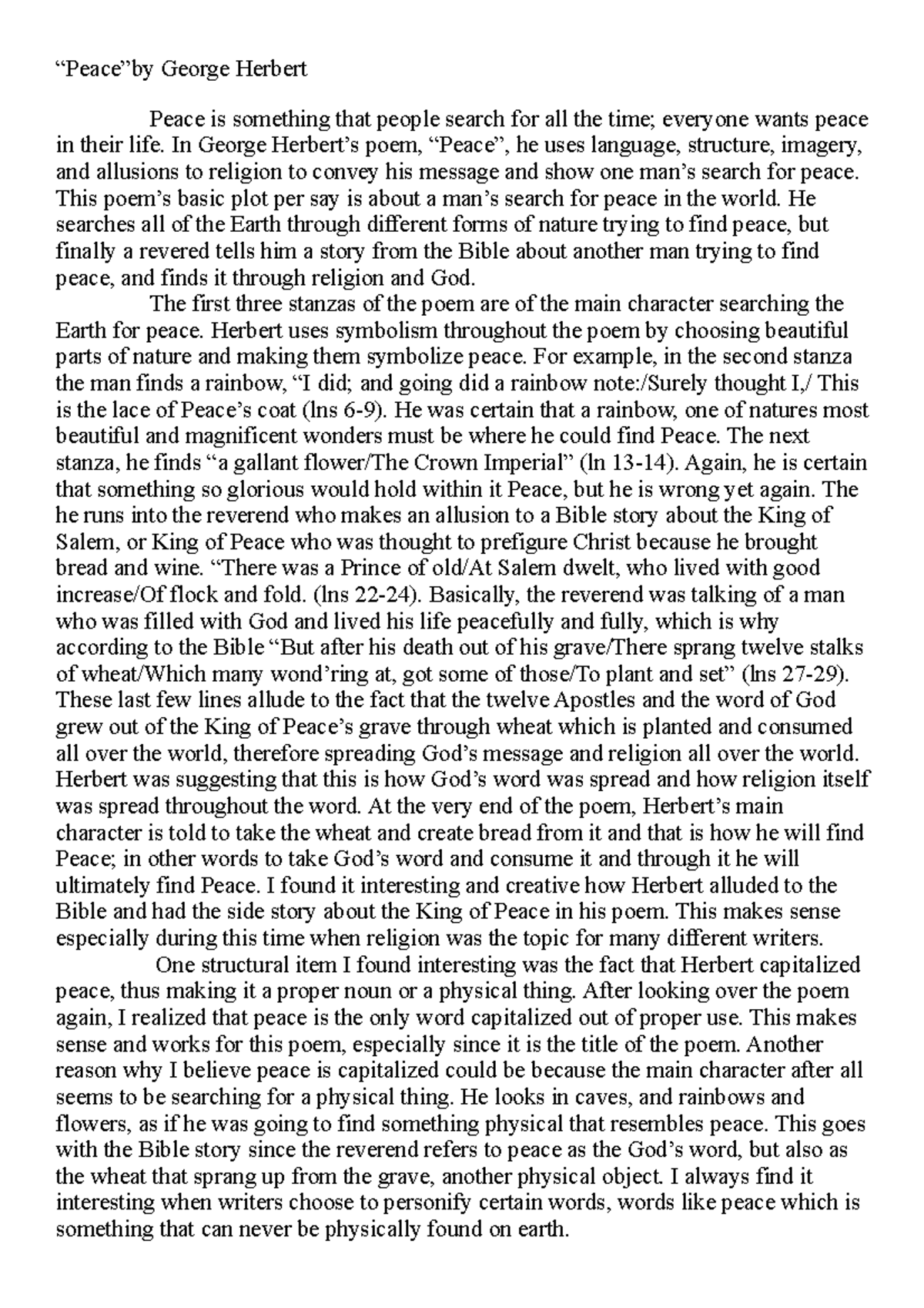 Practical Criticism: "Peace" by George Herbert - 17th Century Analysis - Studocu