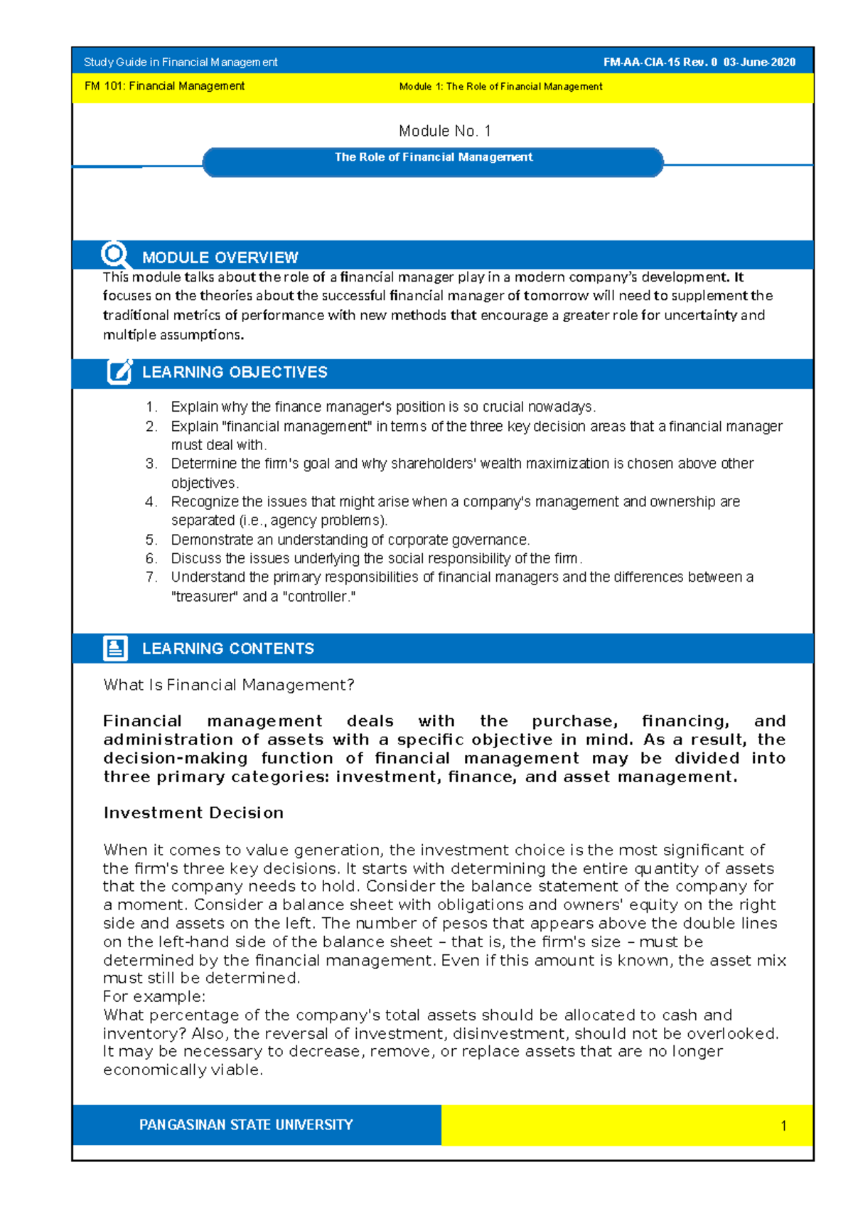 Study Guide: FM 101 - Financial Management Module 1 Overview - Studocu