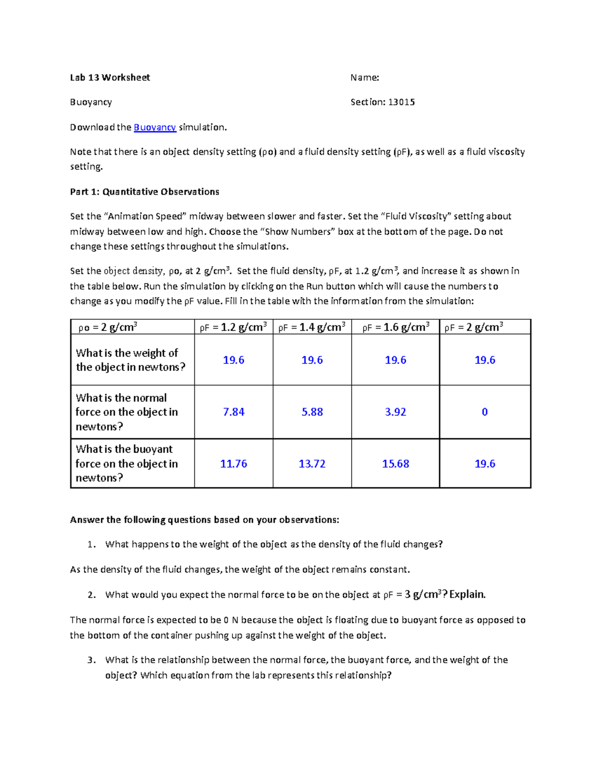 Lab13 buoyancy - Lab 13 Worksheet Name: Matthew Evangelista Buoyancy Section: 13015 Download the ...