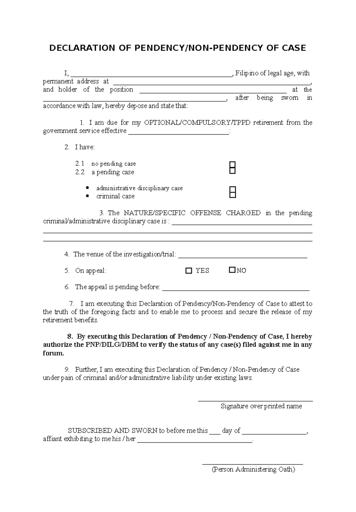 Declaration of Pendency/Non-Pendency of Case for Retirement Benefits ...
