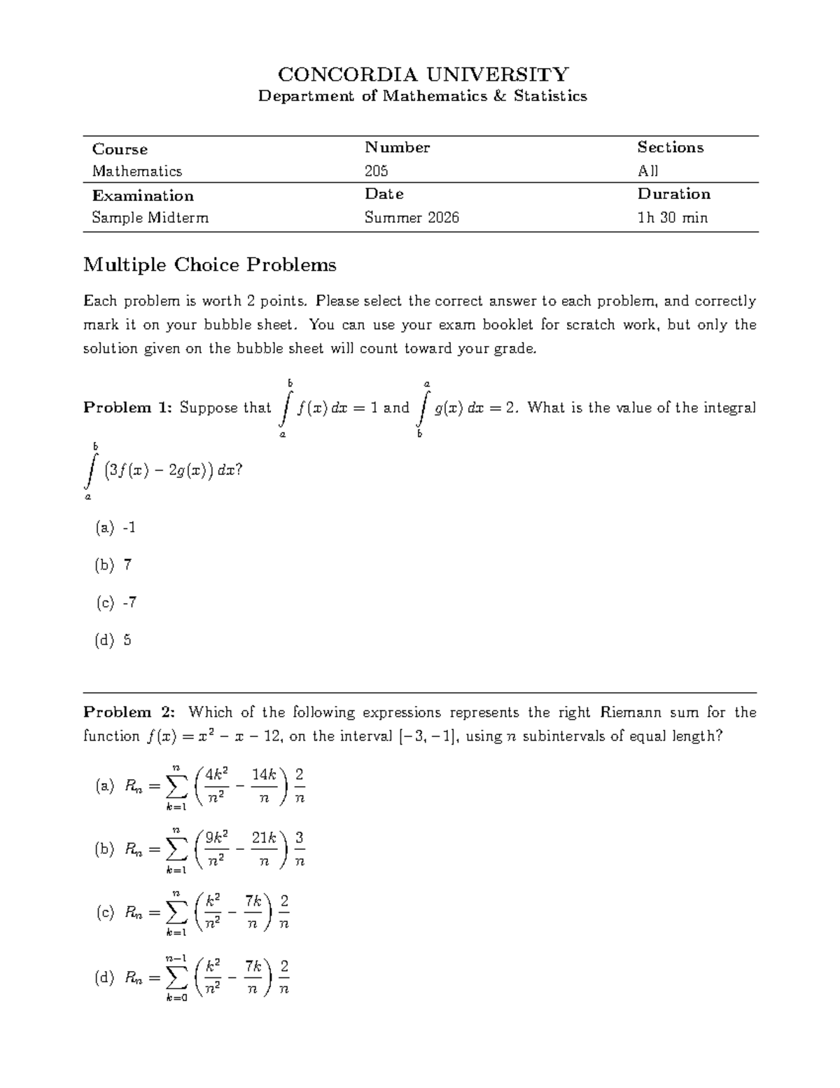 Math 205 Sample Midterm Exam - Summer 2026 - Studocu