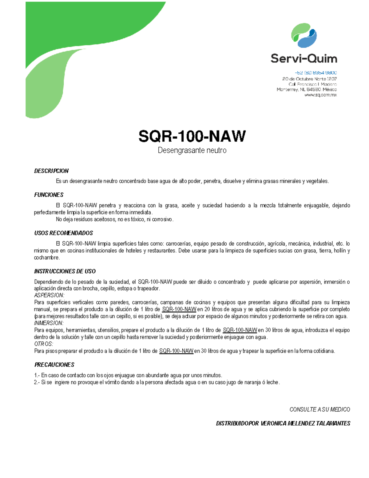 HOJA TEC N018 - Desengrasante SQR-100-NAW y sus Aplicaciones - Studocu