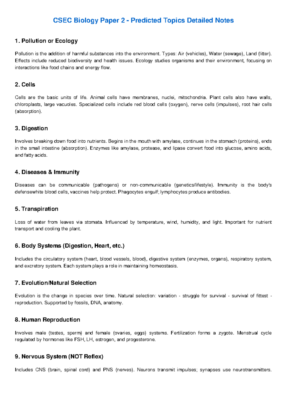 CSEC Biology Paper 2 Final Notes: Key Topics Overview - Studocu