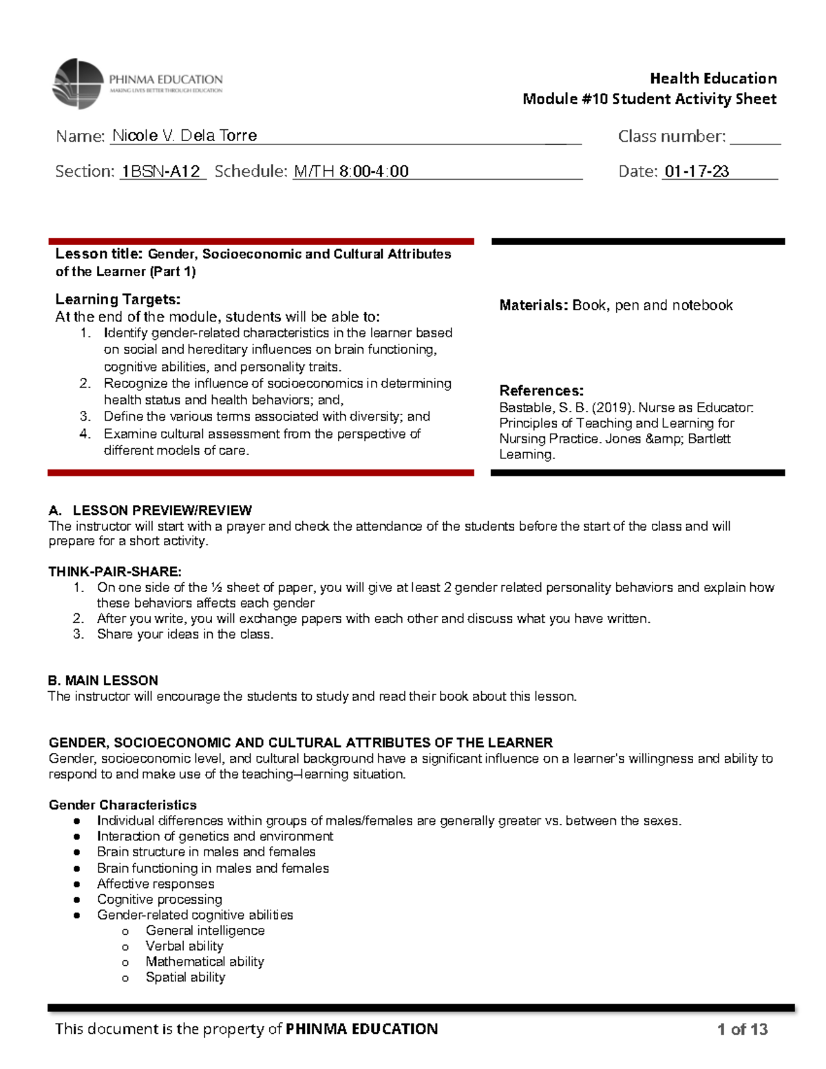 Dela Torre, Nicole HE SAS 10 - Module #10 Student Activity Sheet Name: - Studocu