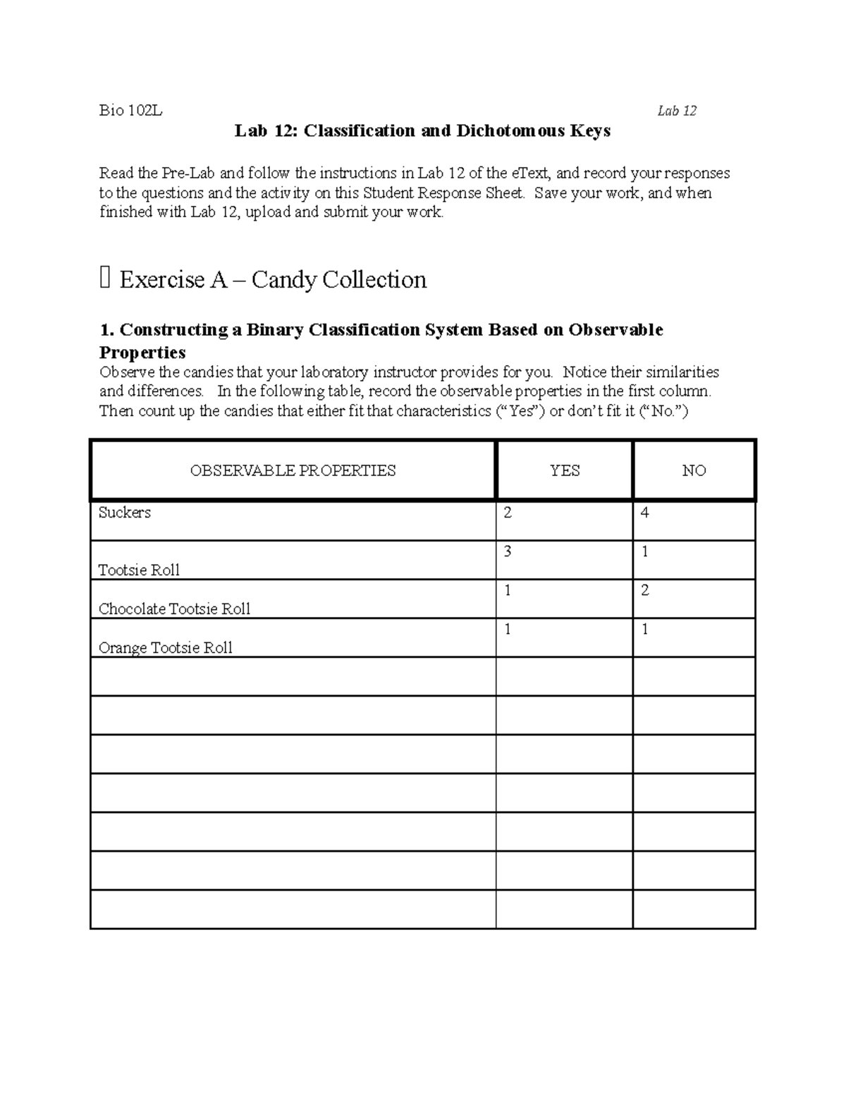 BIO 102 Lab 12 Dichotomous Keys - Lab 12: Classification and ...