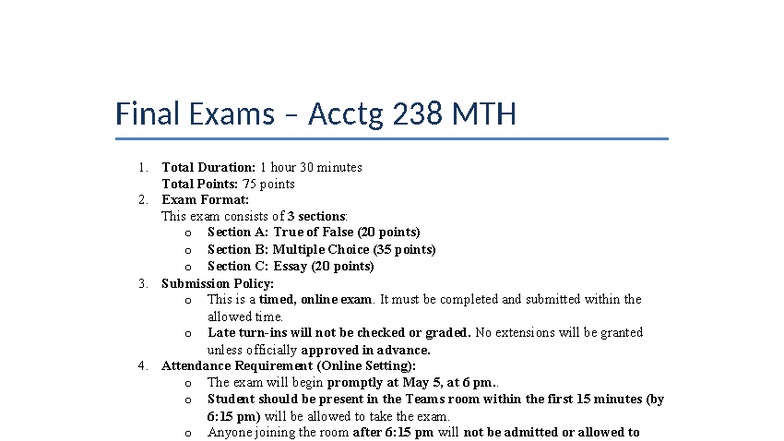 Final Exam Guidelines for Acctg 238 MTH: Structure & Conduct - Studocu
