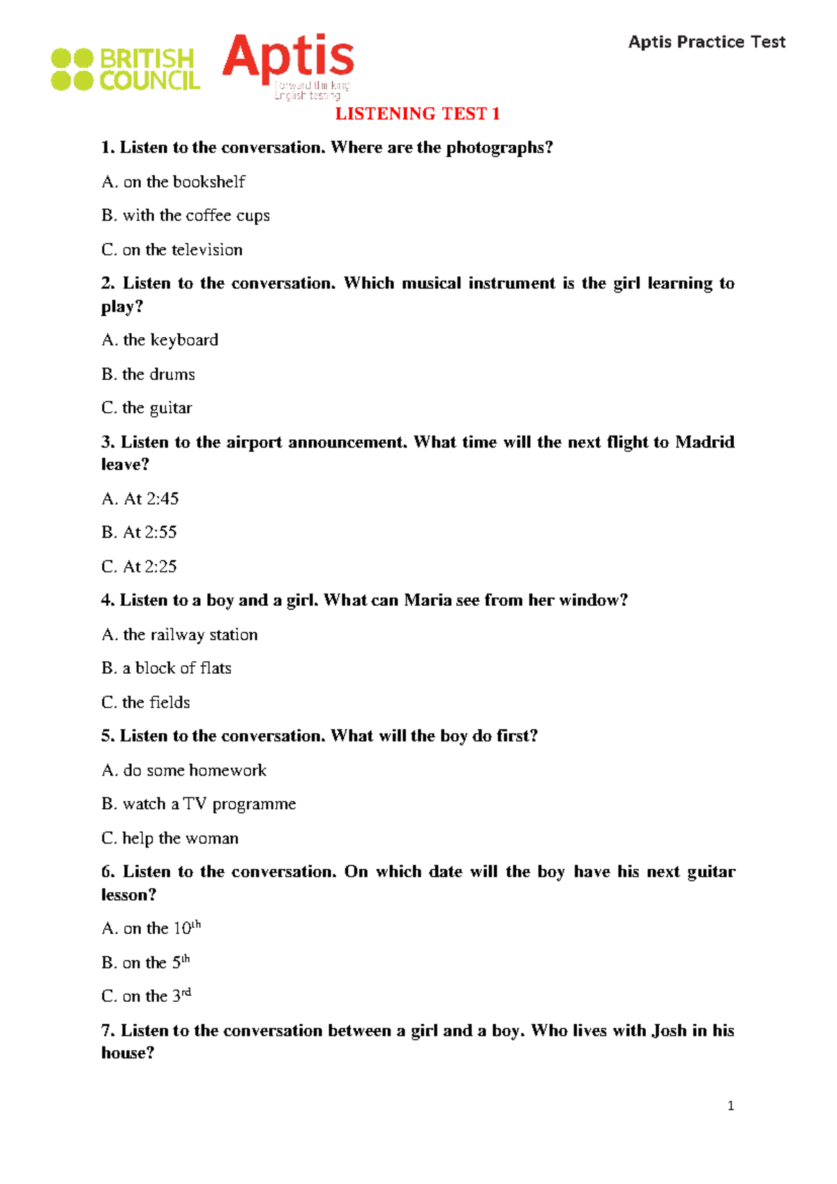 Aptis Listening Practice Test 1: Conversations & Announcements - Studocu