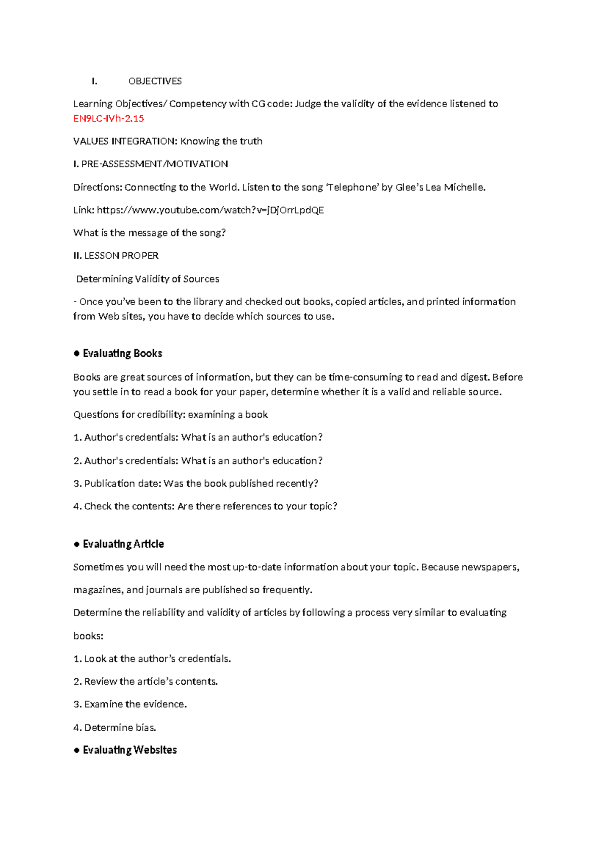 Evaluating Validity of Sources: Learning Competency CG Code - Studocu