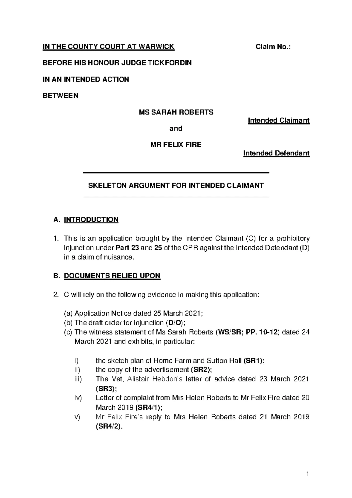 Sample skeleton argument - NAME OF COURT Claim No. BETWEEN: PARTY ...