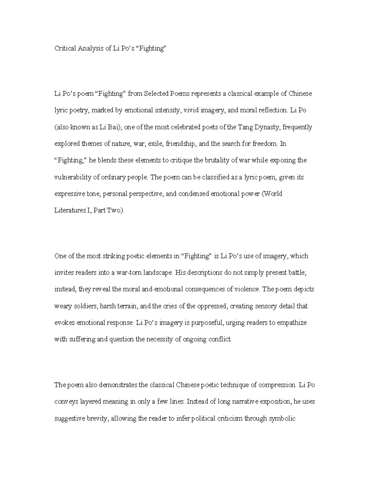 Critical Analysis of Li Po's Poem: A Study in War's Futility (WL I ...