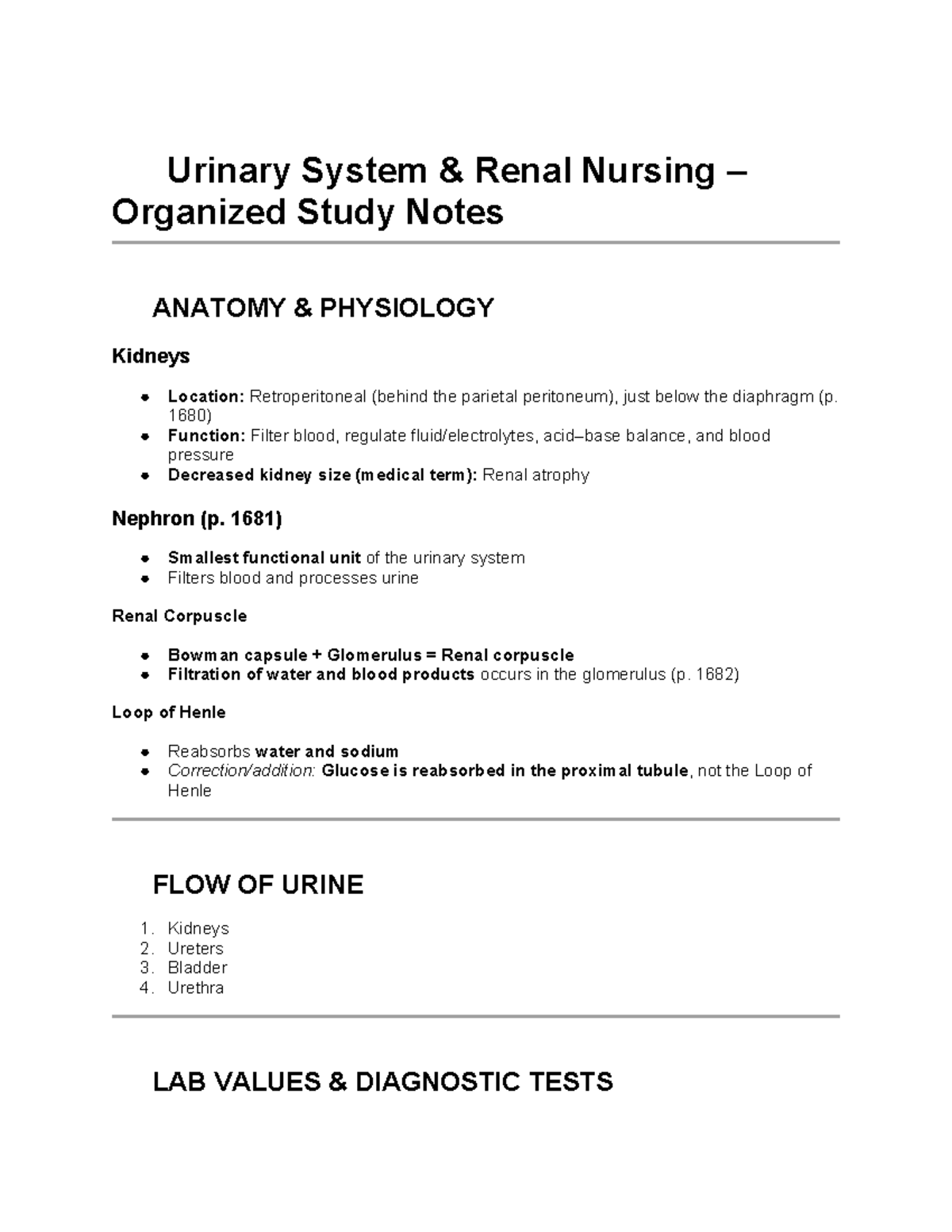 ANATOMY & PHYSIOLOGY: Urinary System Study Notes for NURS 101 - Studocu
