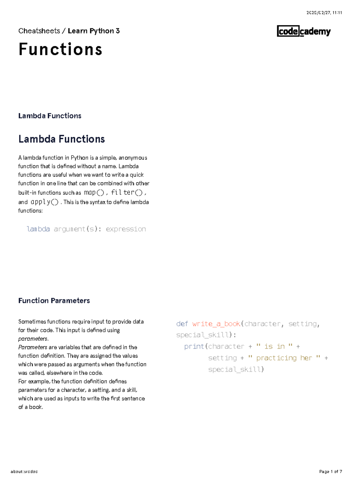 Learn Python 3: Functions Cheat Sheet on Lambda & Parameters - Studocu