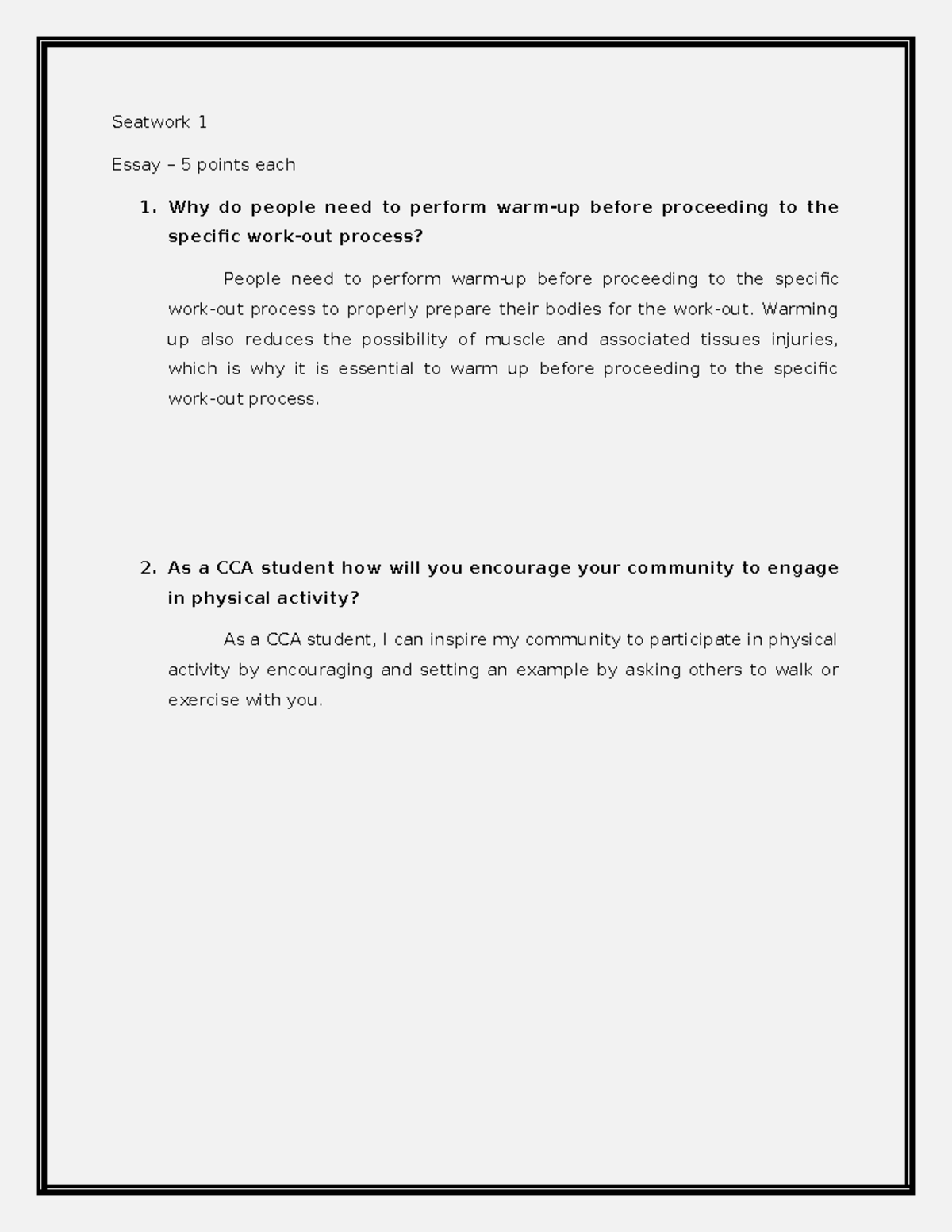 Seatwork 1: Importance of Warm-Up and Community Engagement in Physical ...