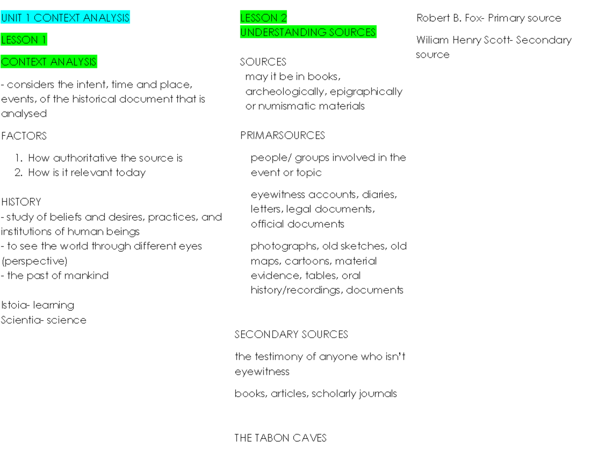 Reviewer- History - UNIT 1 CONTEXT ANALYSIS LESSON 1 CONTEXT ANALYSIS ...